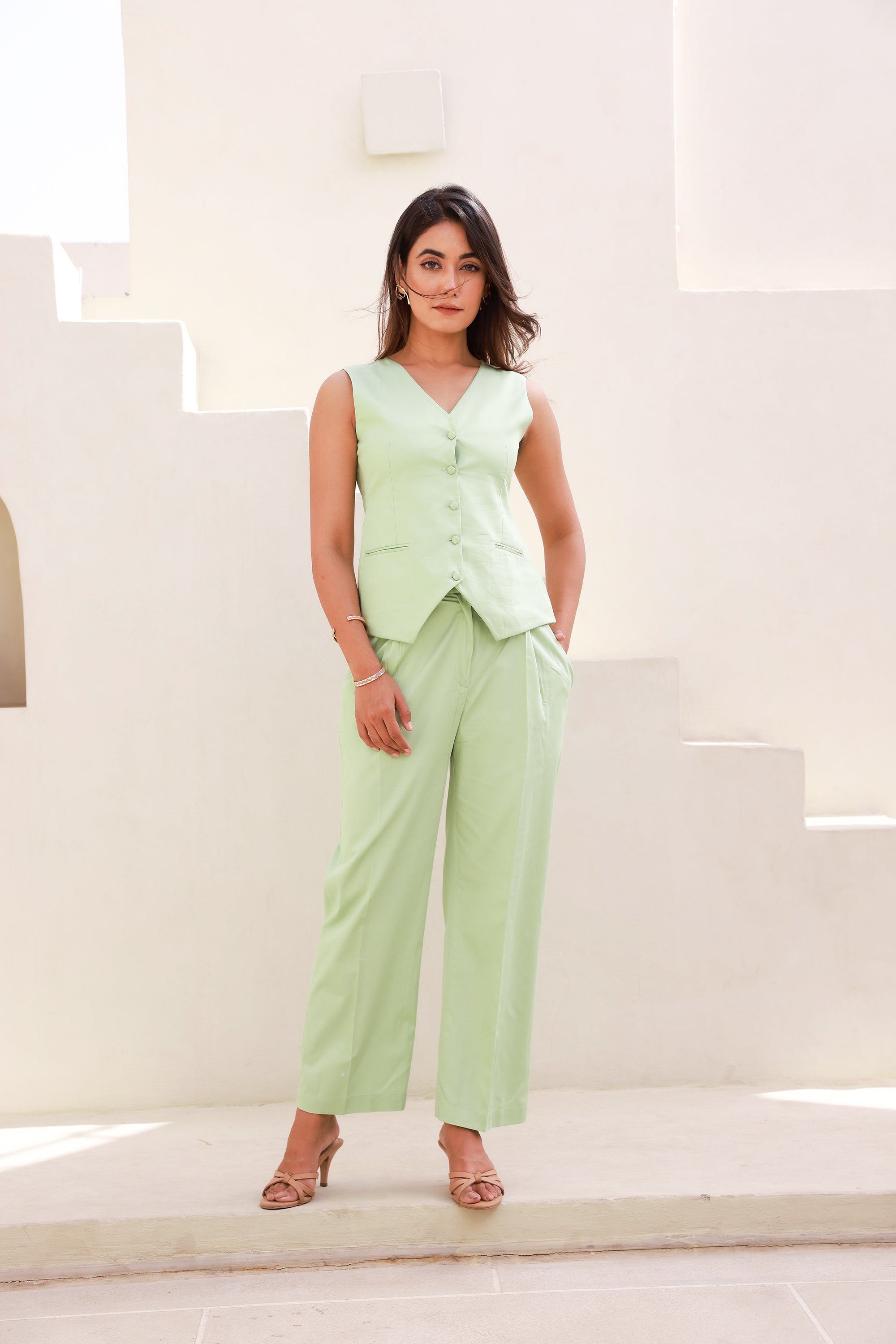 Buy Dull Green Waistcoat and Straight fit Pants Co-Ord Set – Moonstruck