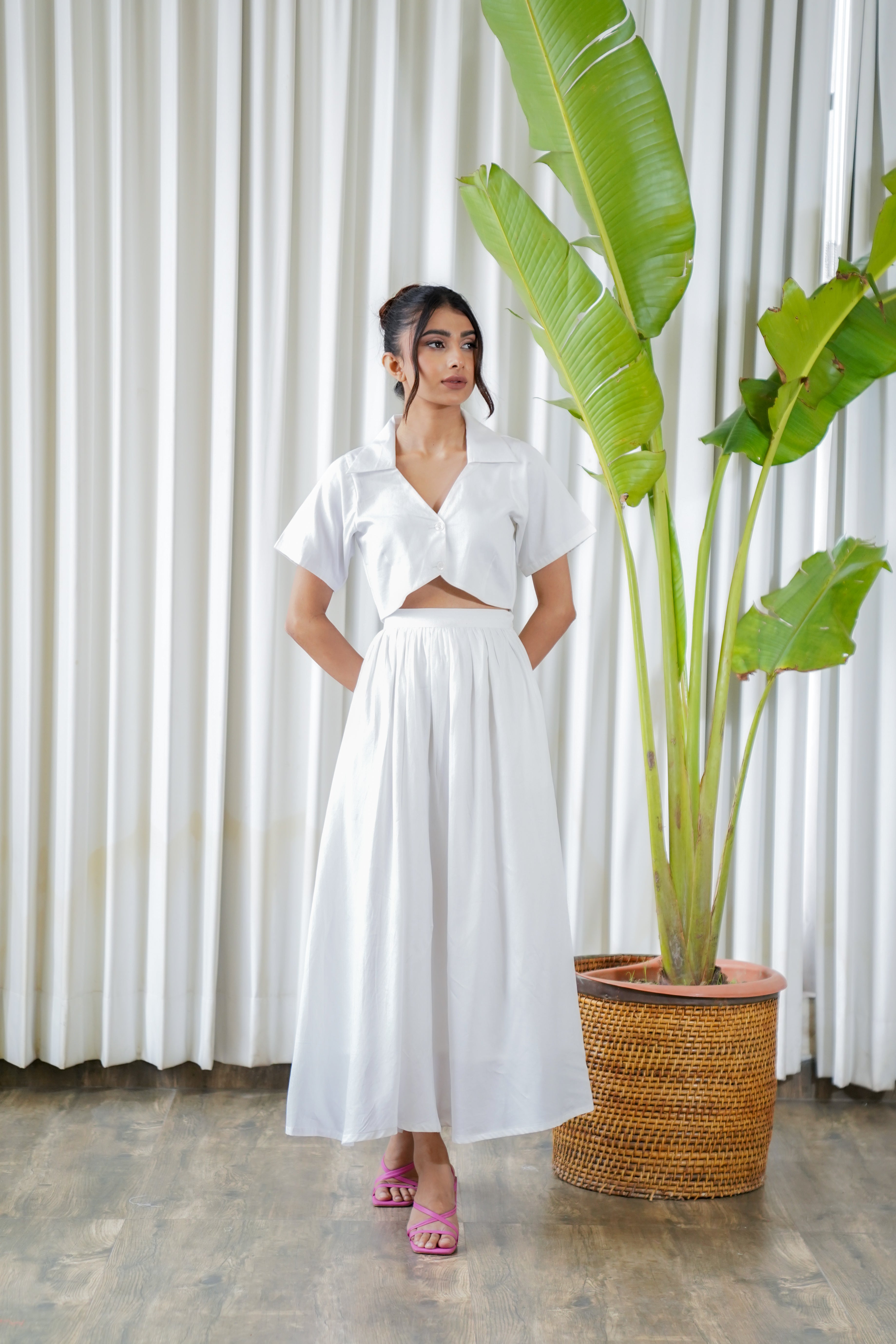 Buy White Gathered Midi Skirt with Cropped Shirt Co-Ord Set – Moonstruck
