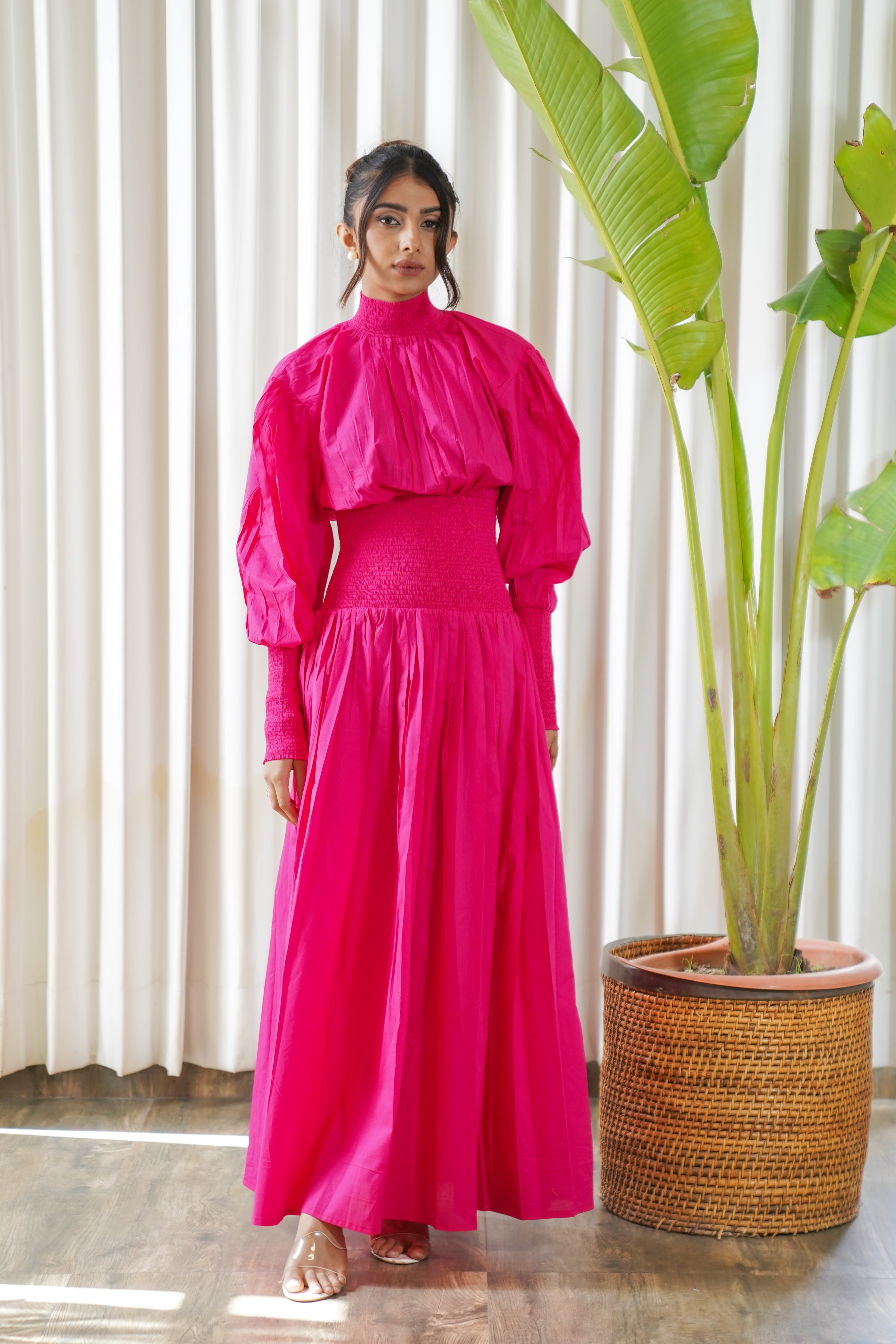 Hot pink smocked waist full saleeves maxi dress – Moonstruck